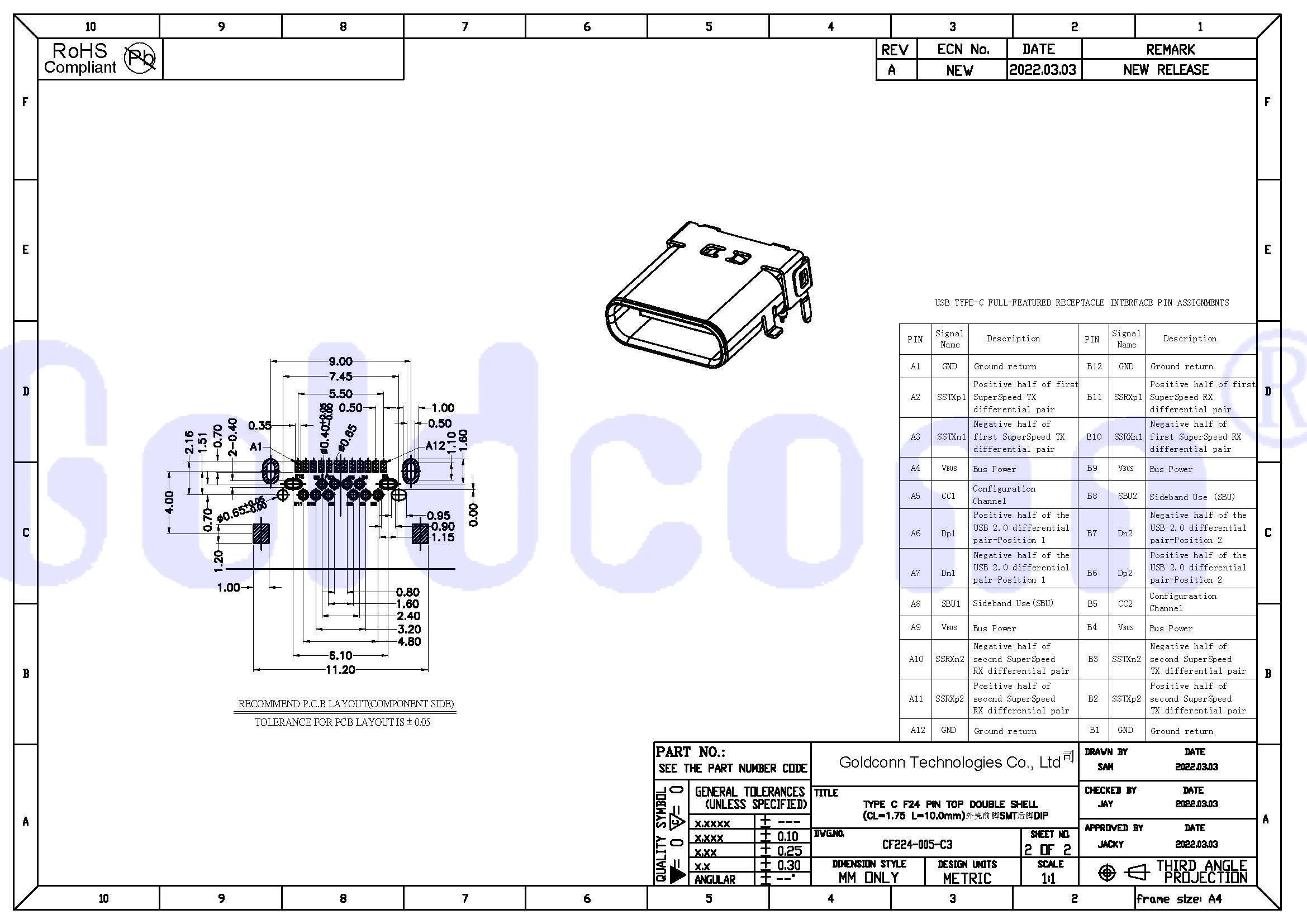 CF224-005SLB02R-C3 TYPE C Female 24 PIN Top-Mount, DIP+SMT, Double ...