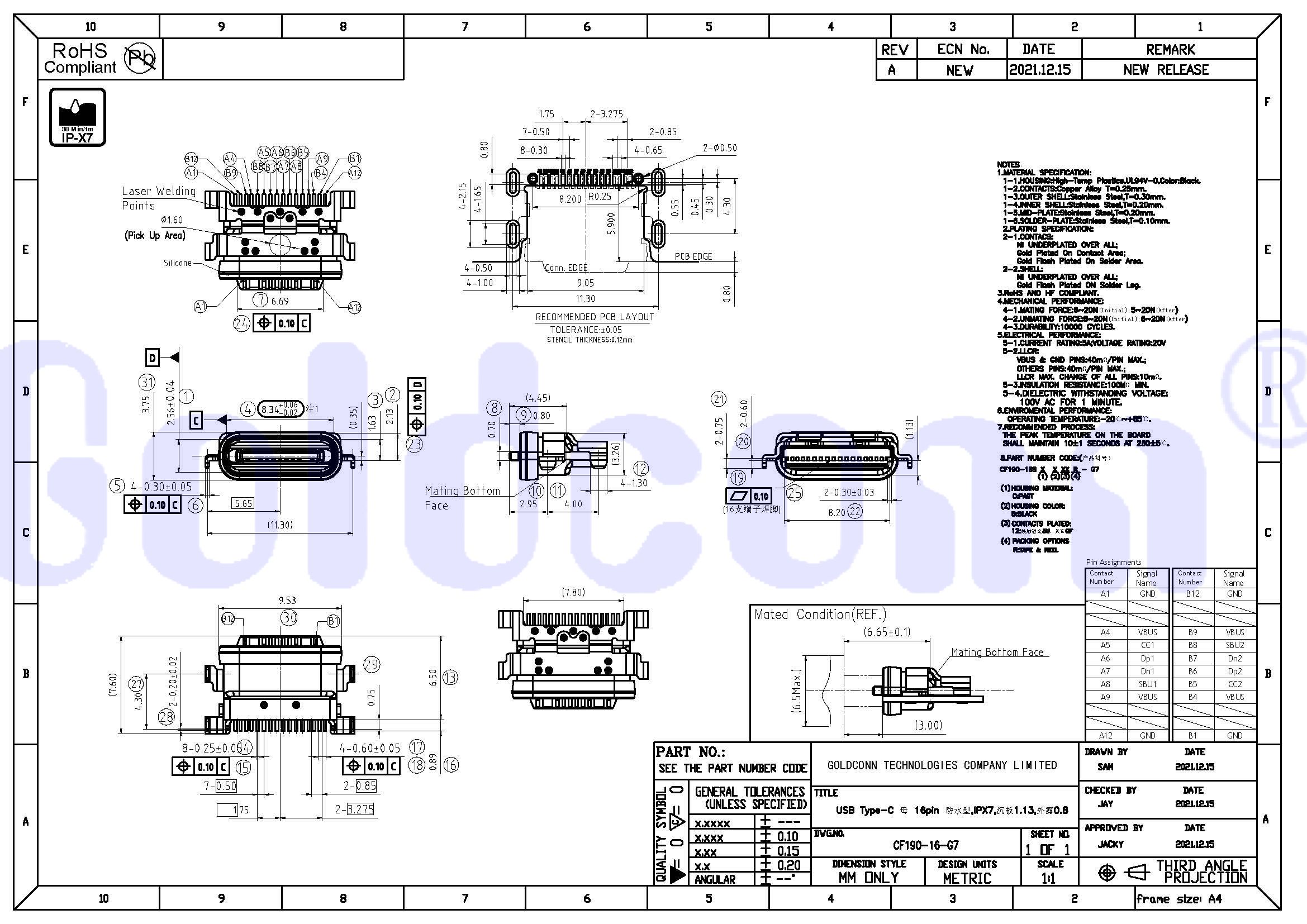 CF190-16SLB11R-G7 Type C USB 16 PIN Female Connector Waterproof Sinking ...