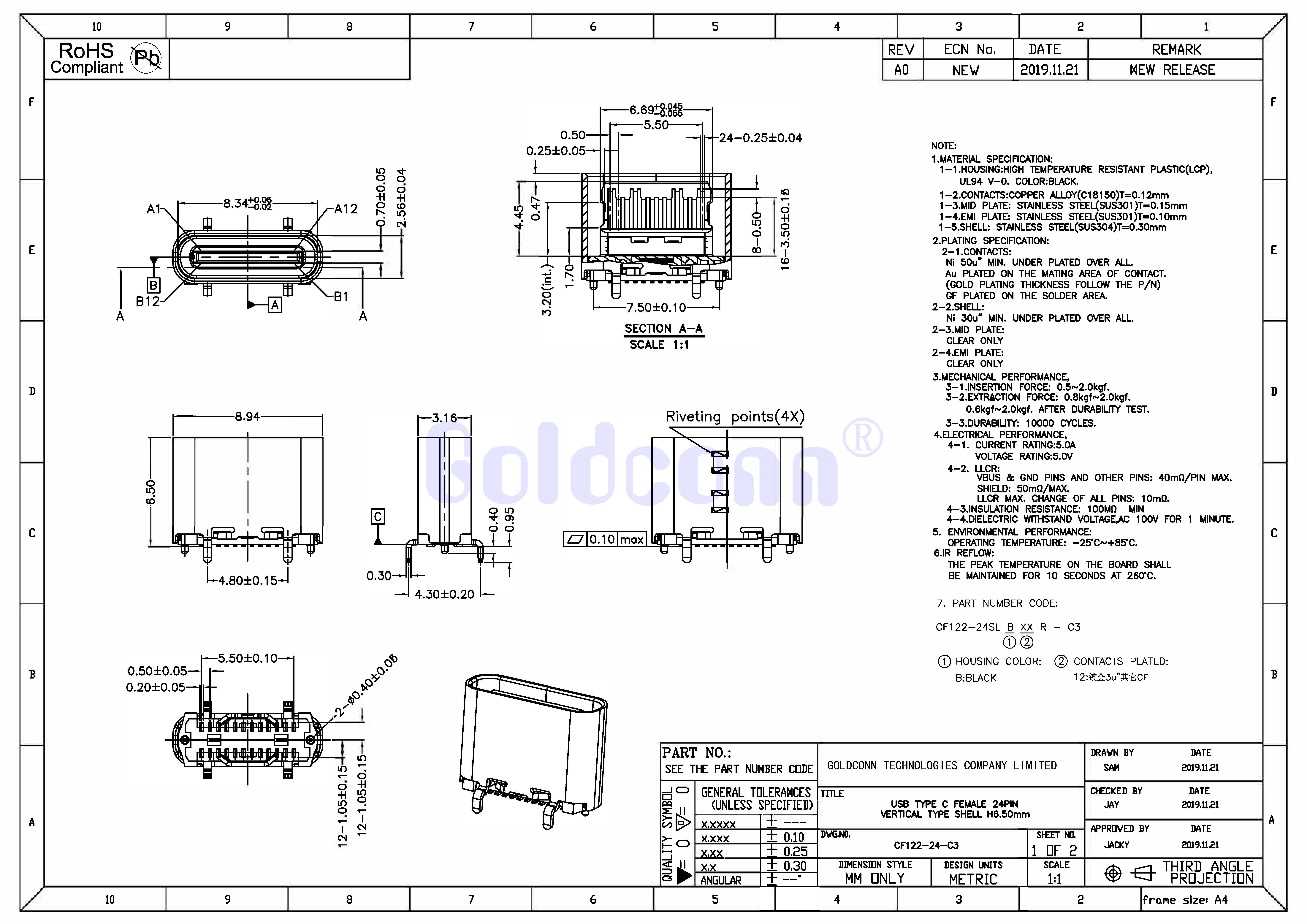 CF122-24SLB12R-C3 Type C TID USB 24 PIN Female Connector Vertical Type ...